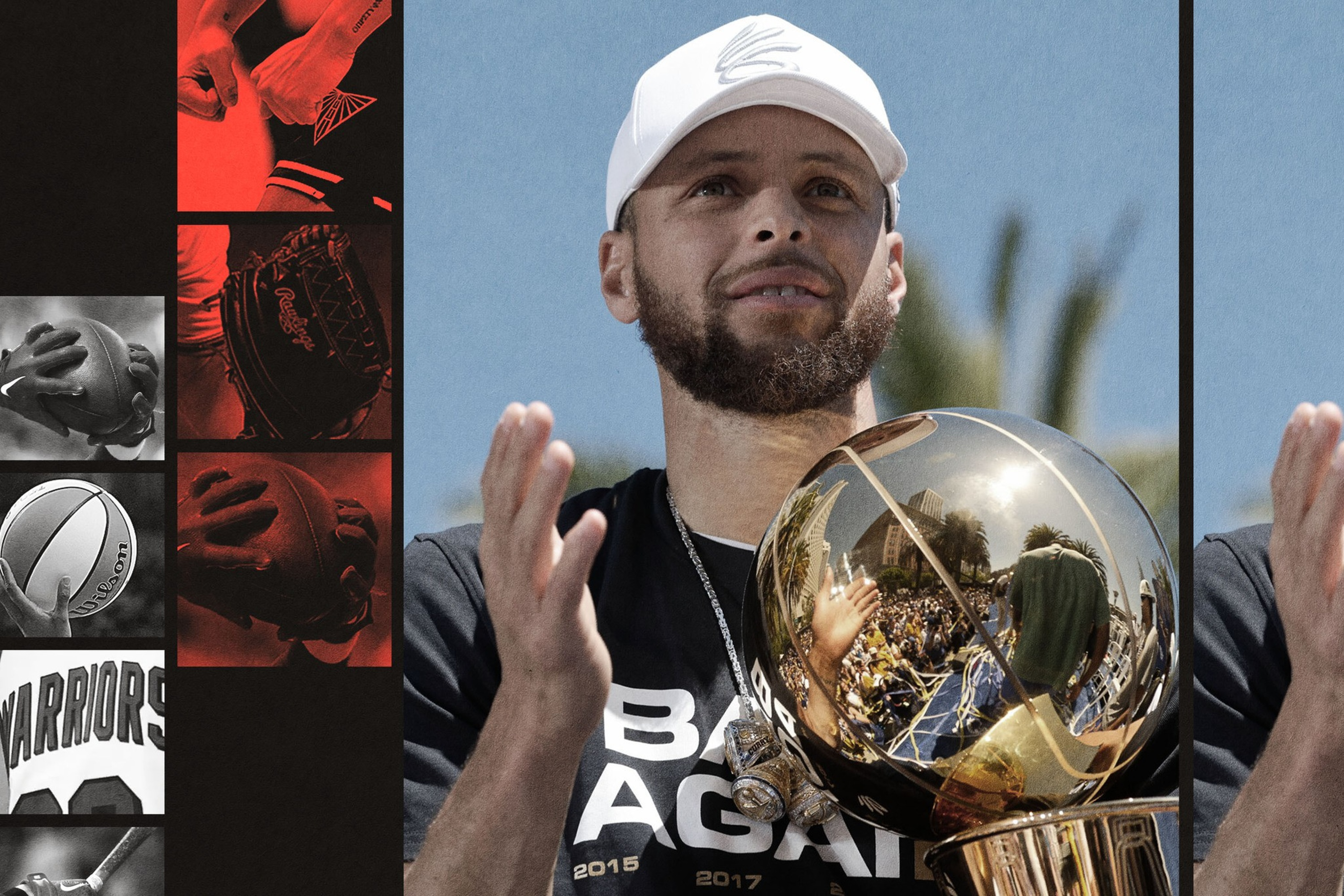 A man wearing a white cap holds a shiny championship trophy while crowd ...