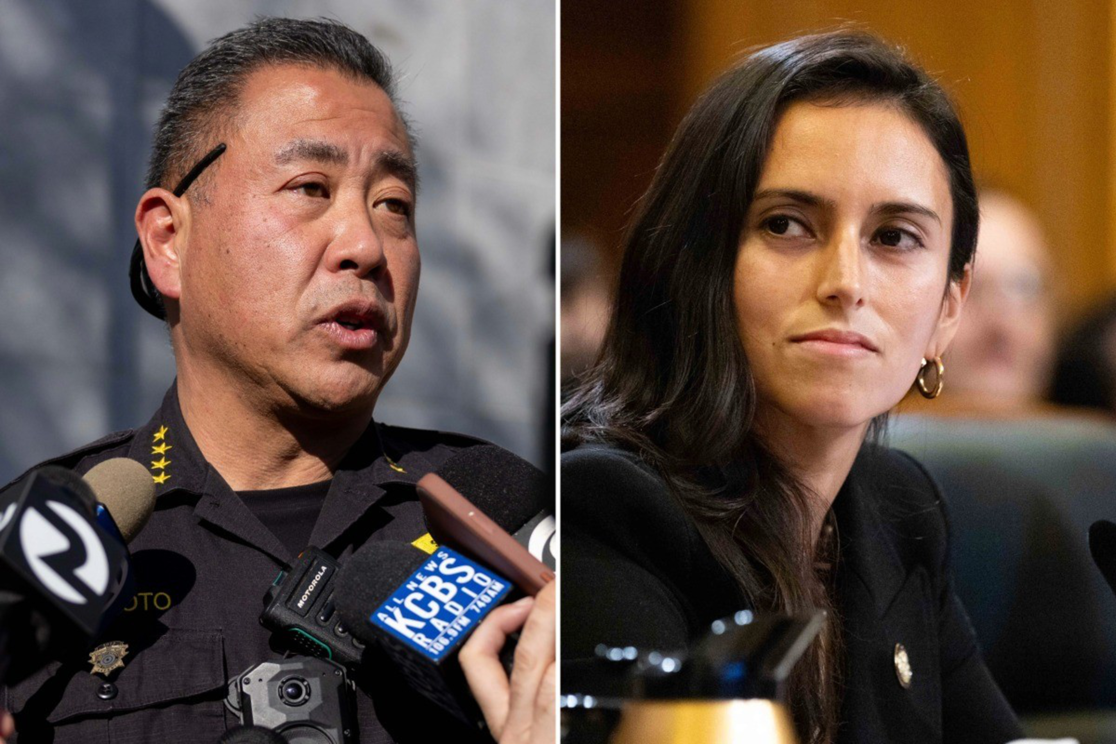 A man in a police uniform speaks into multiple microphones; a woman ...