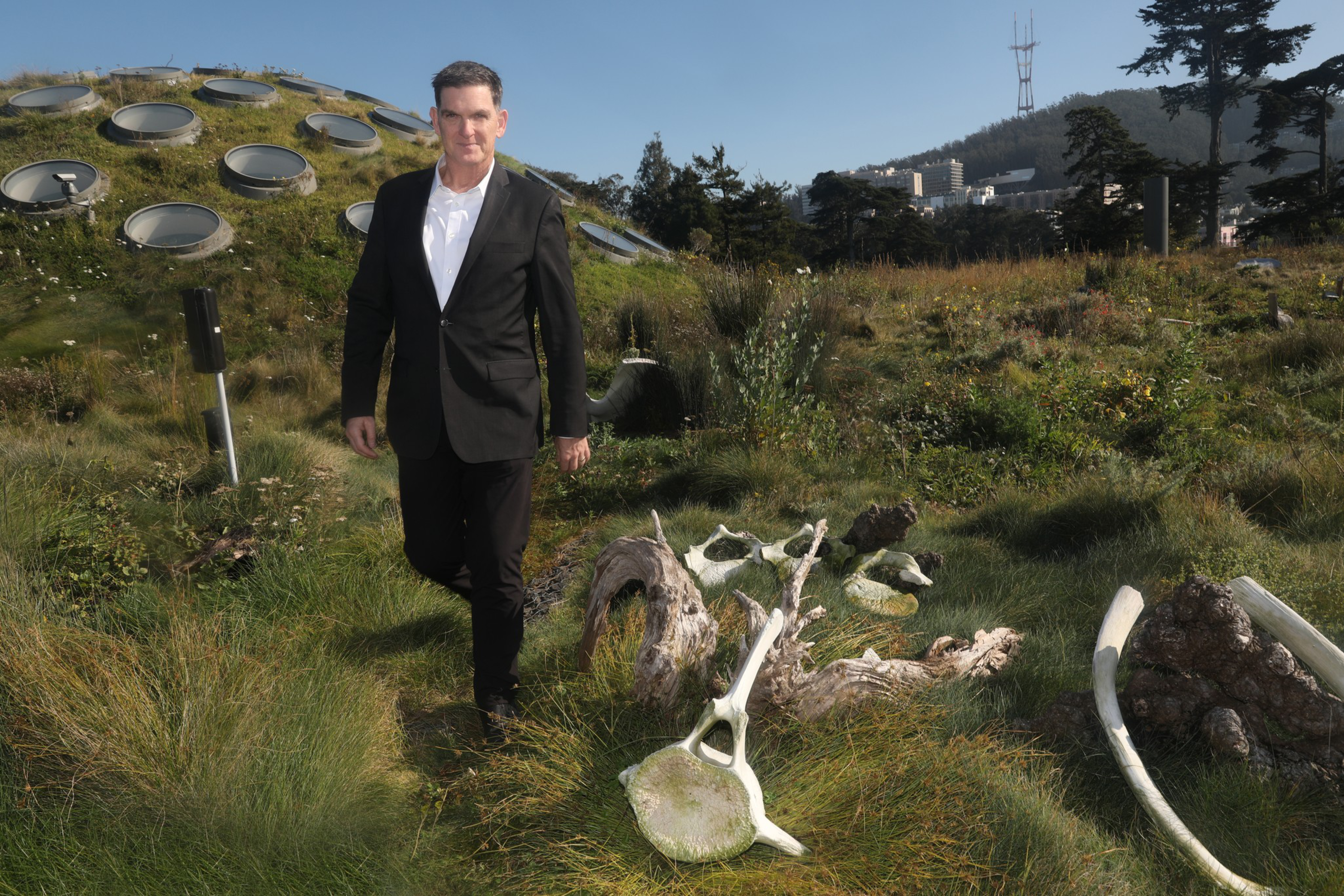 A man in a black suit walks through a grassy field with large bones and ...