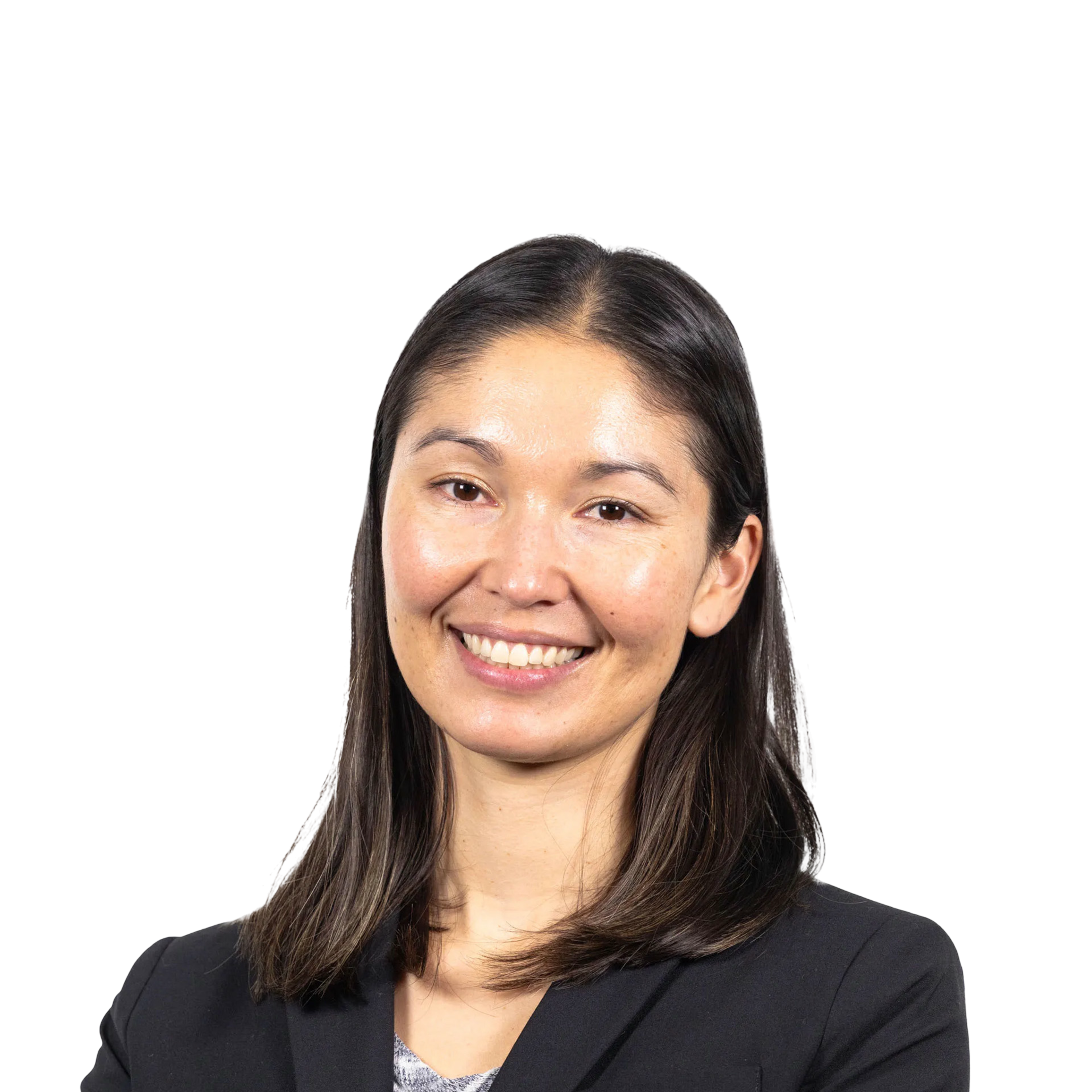 A woman with straight, dark shoulder-length hair smiles warmly, wearing ...