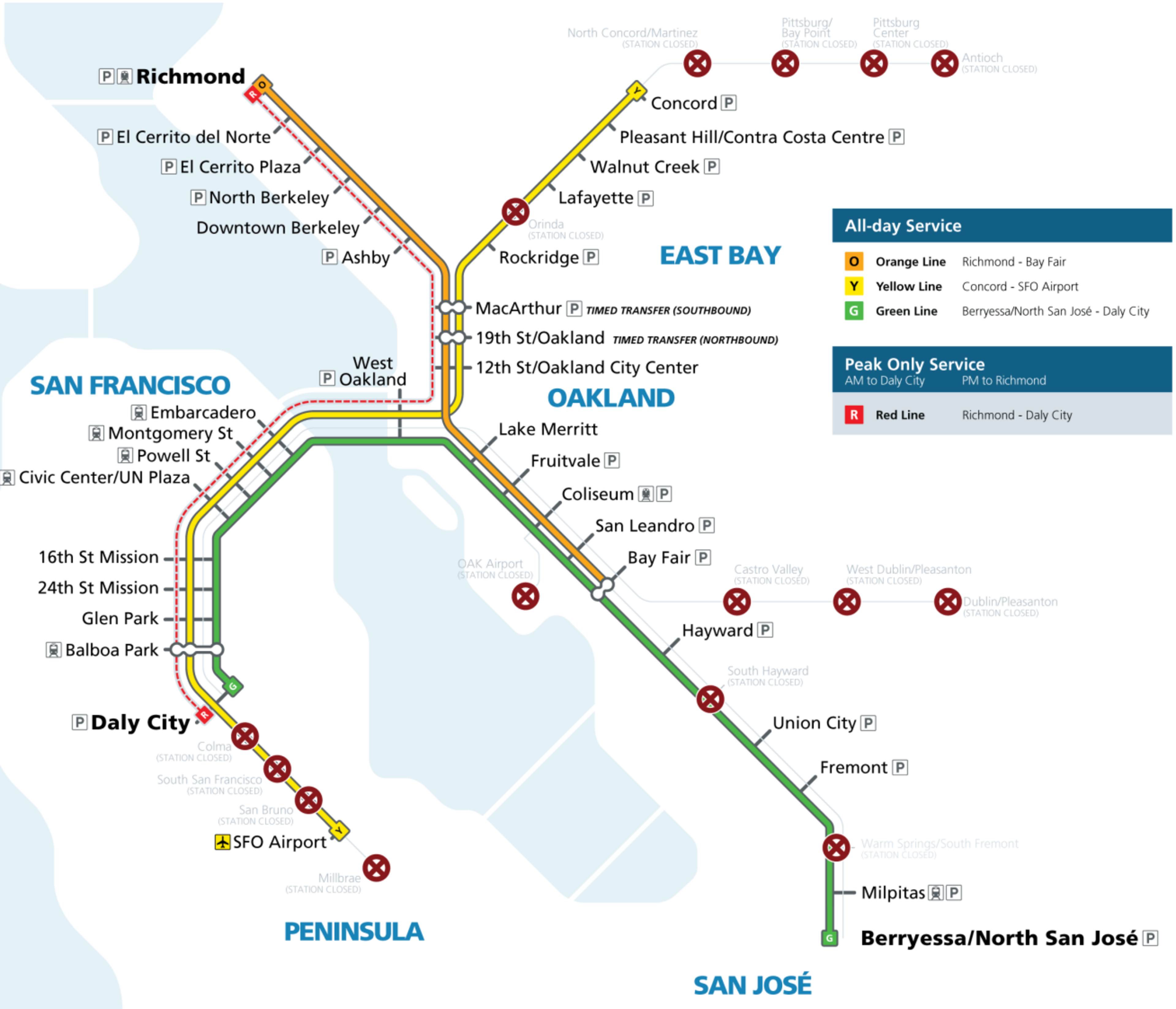 Bay Area BART map showing lines and stations, including Orange, Yellow ...