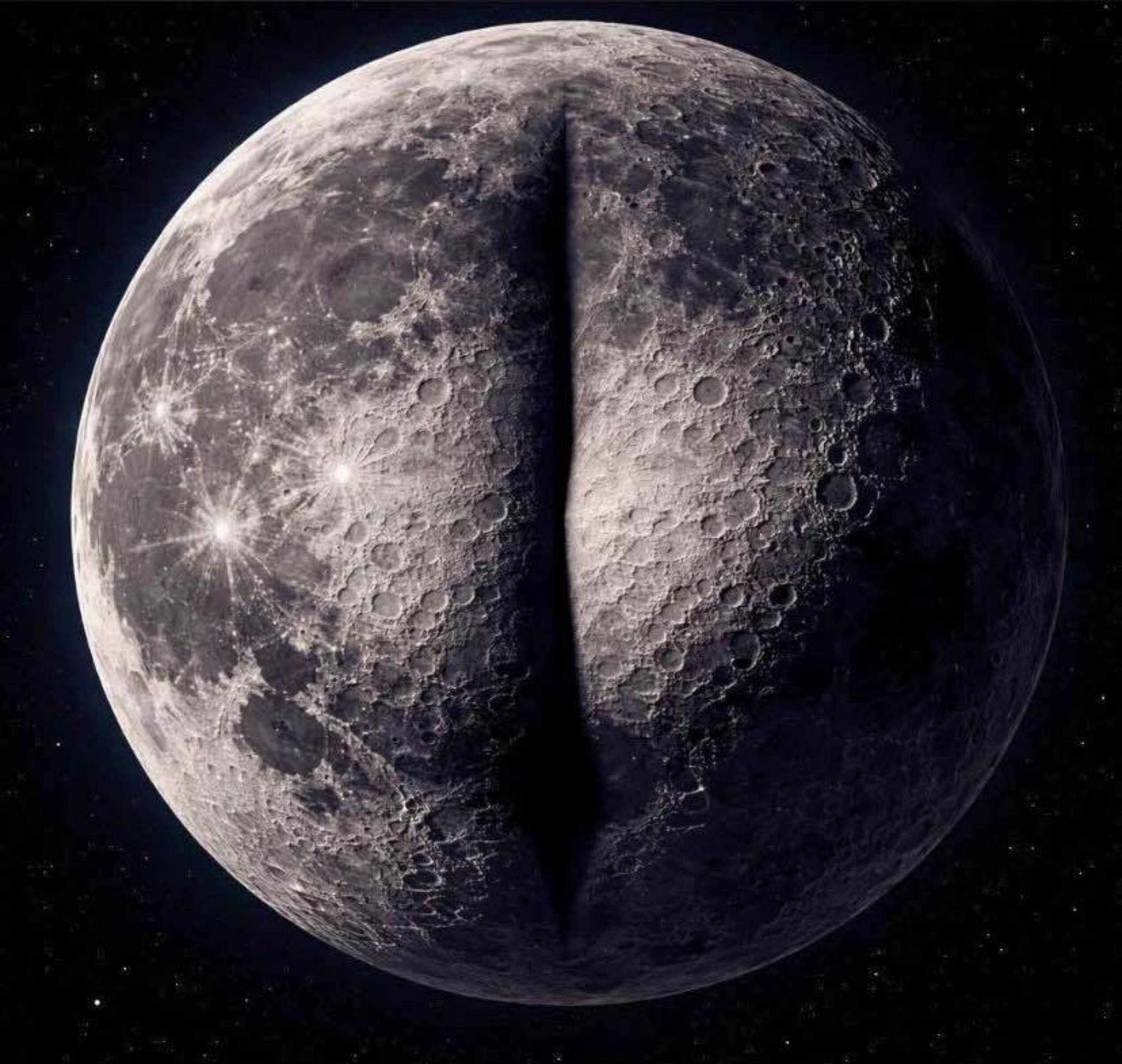 A full moon with a deep, sharp vertical shadow down its center ...
