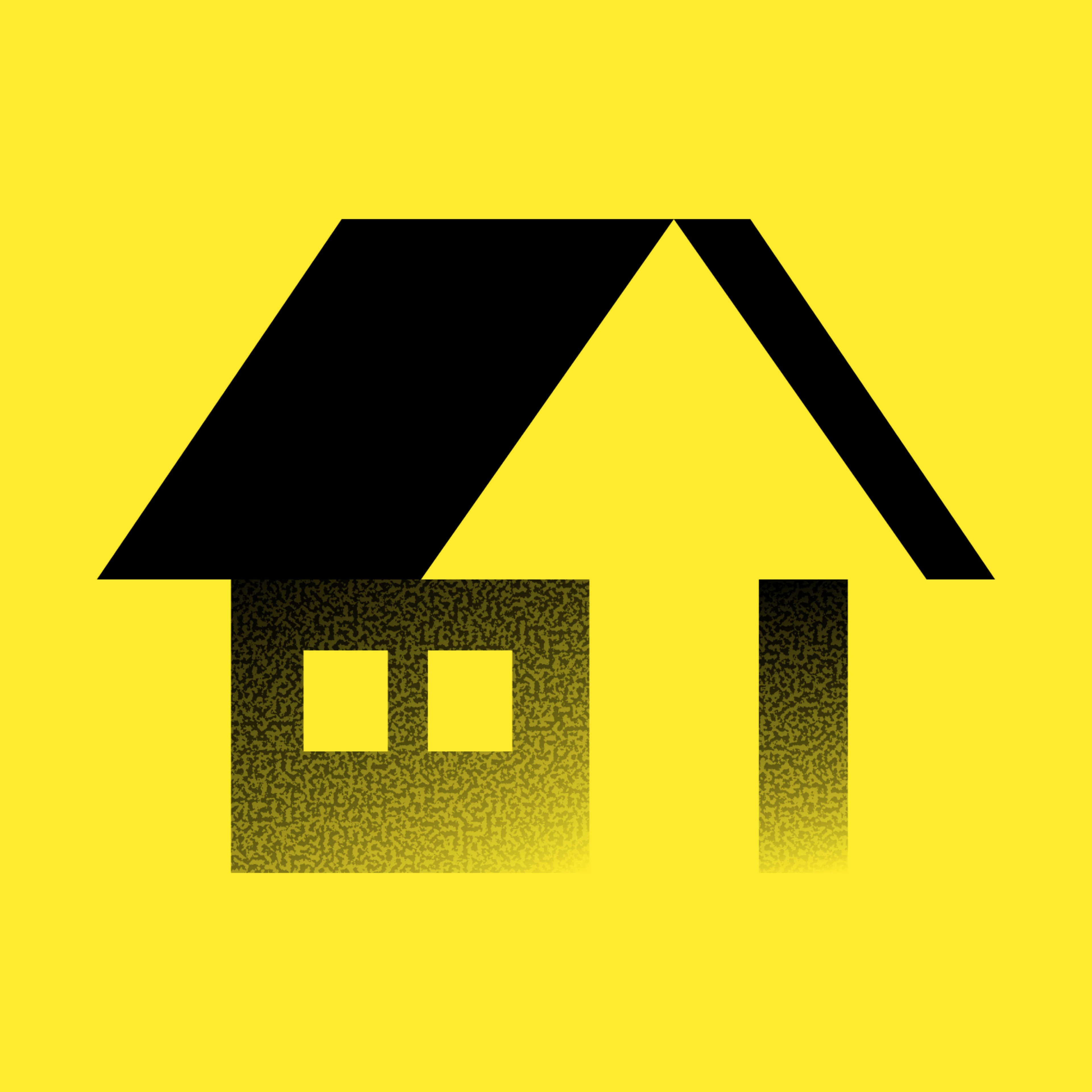 A simple black house icon with a slanted roof, two square windows, and ...