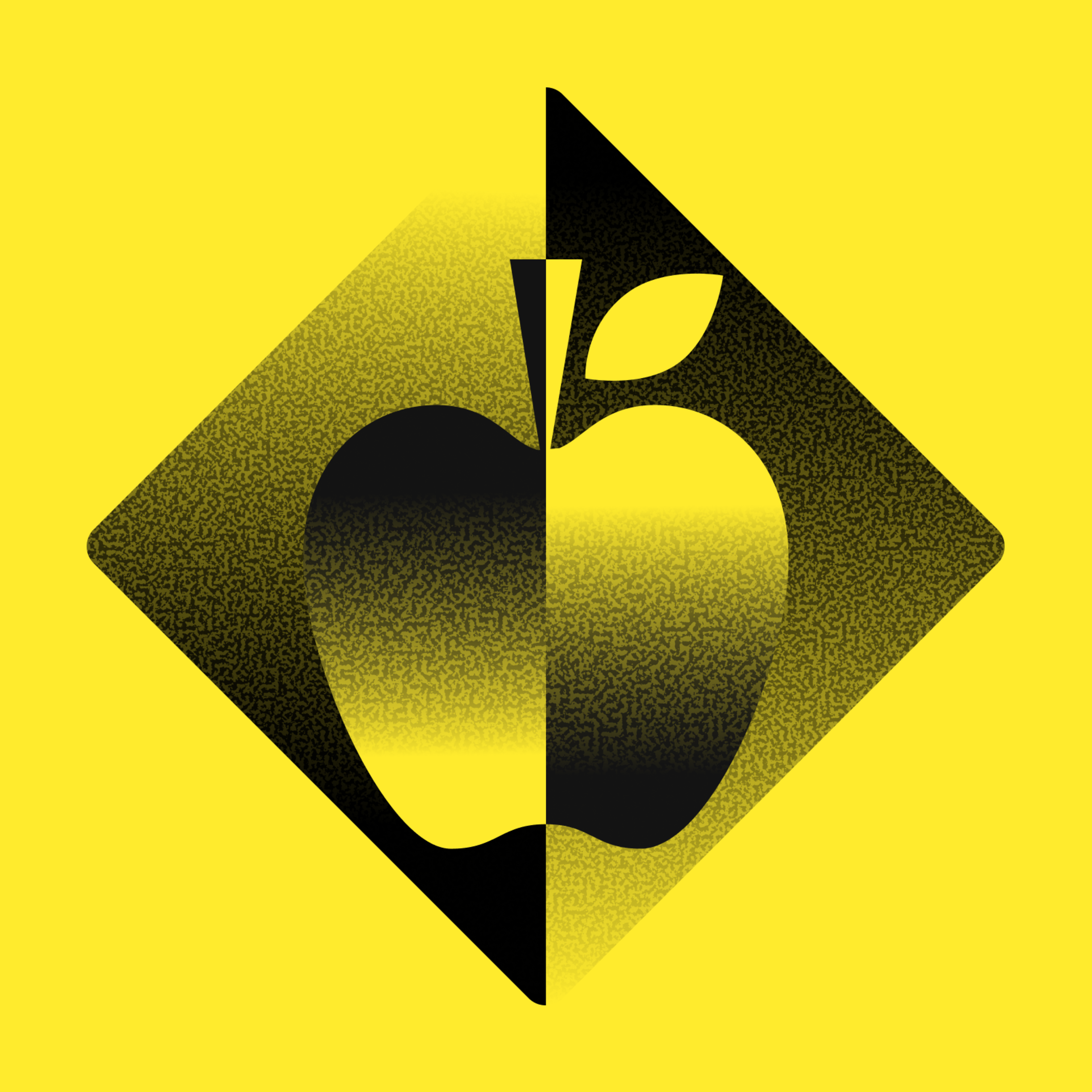 A stylized apple split vertically with one half black on yellow and the ...