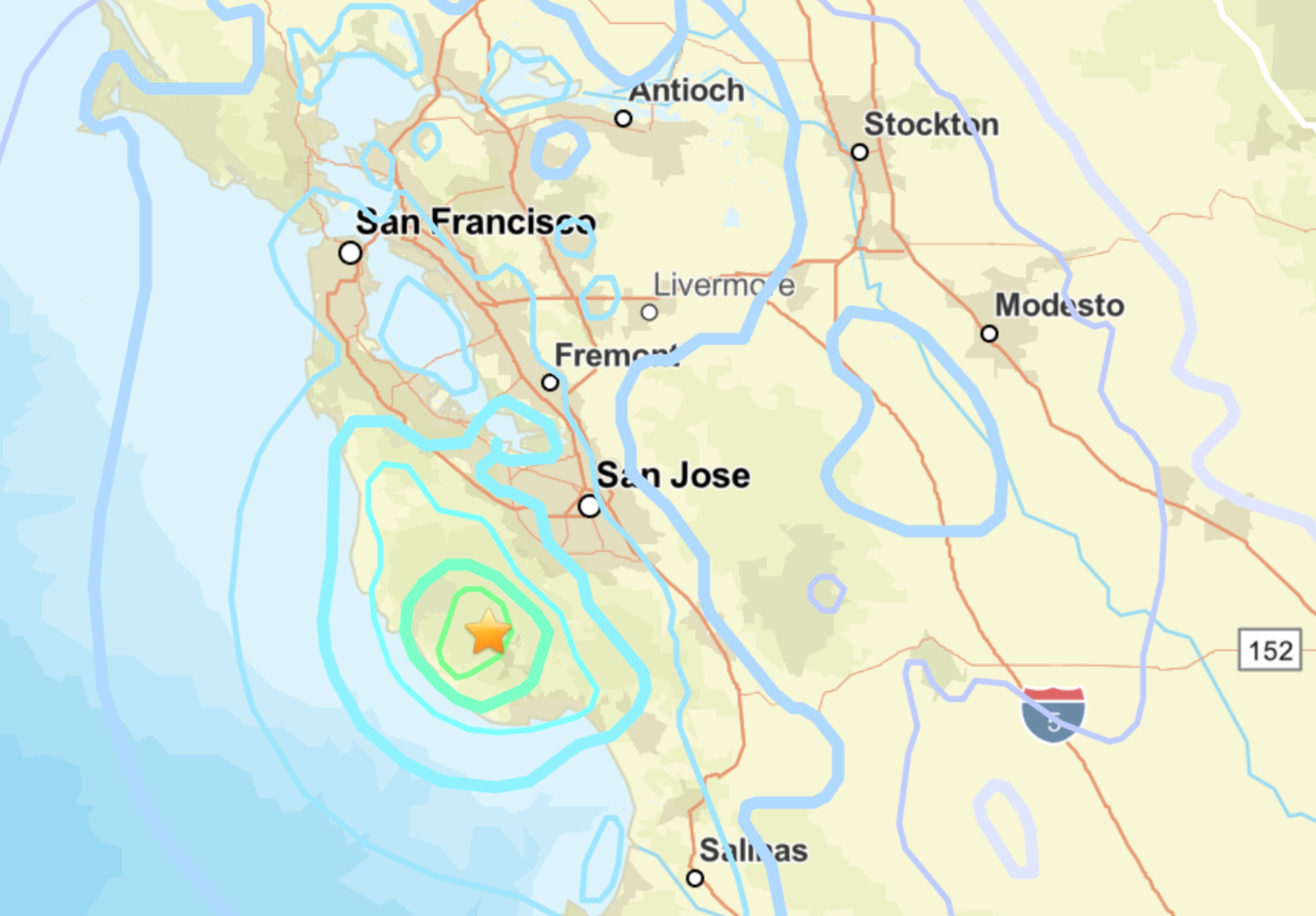 A star marks an earthquake epicenter southwest of San Jose, California ...