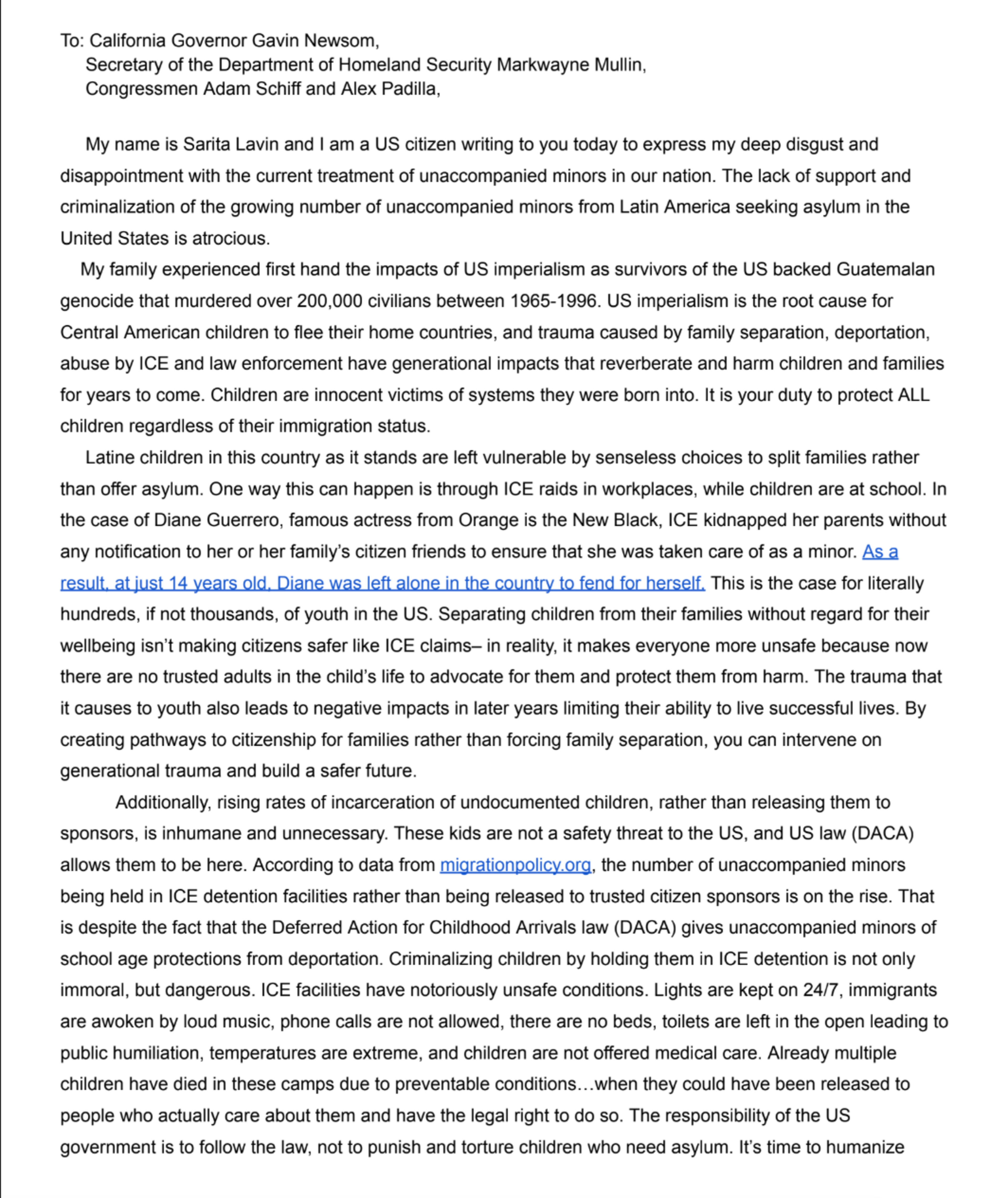 A letter from Sarita Lavin condemns US treatment of unaccompanied Latin ...