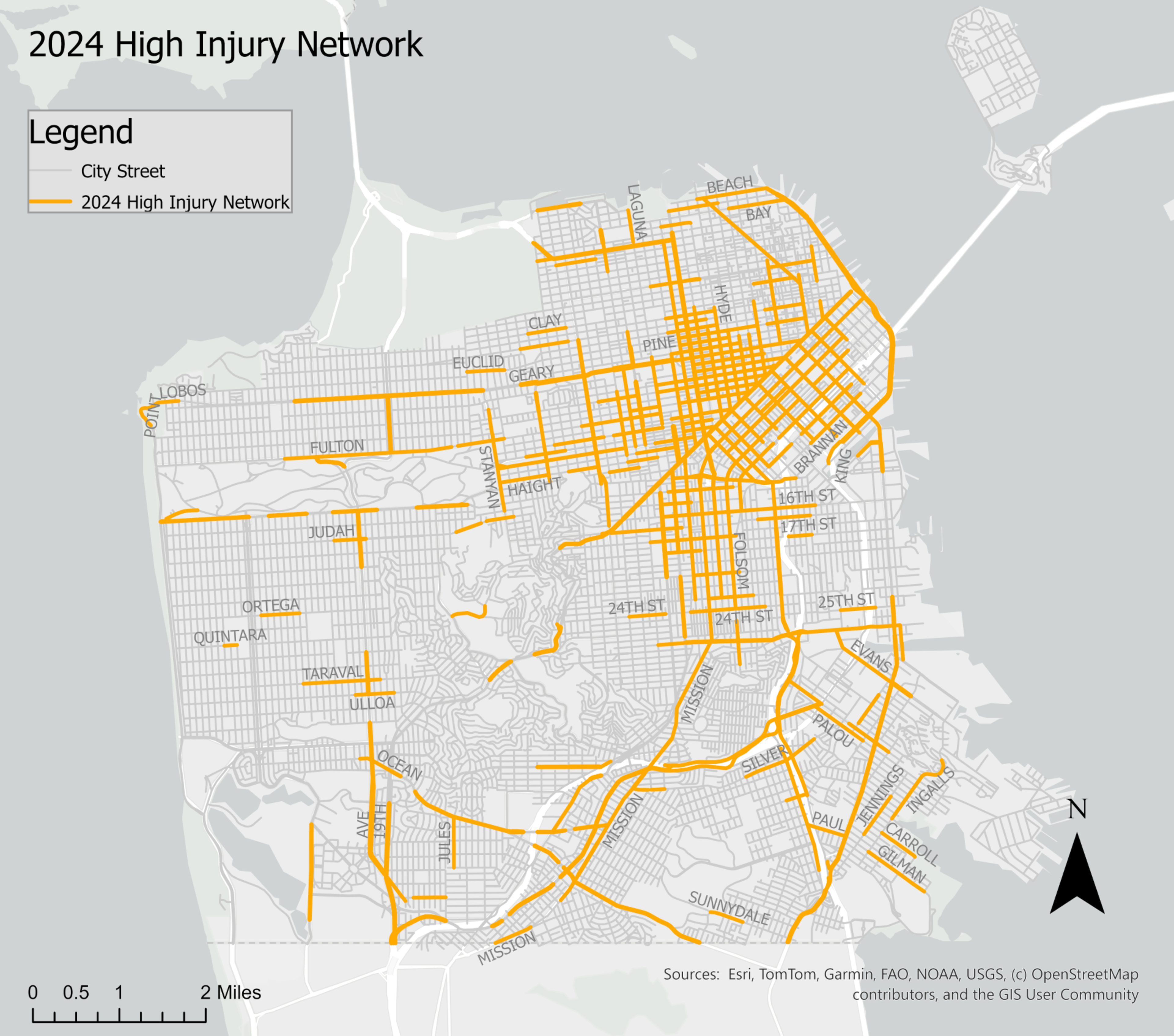 2024 High Injury Network routes highlighted in orange overlay the city ...